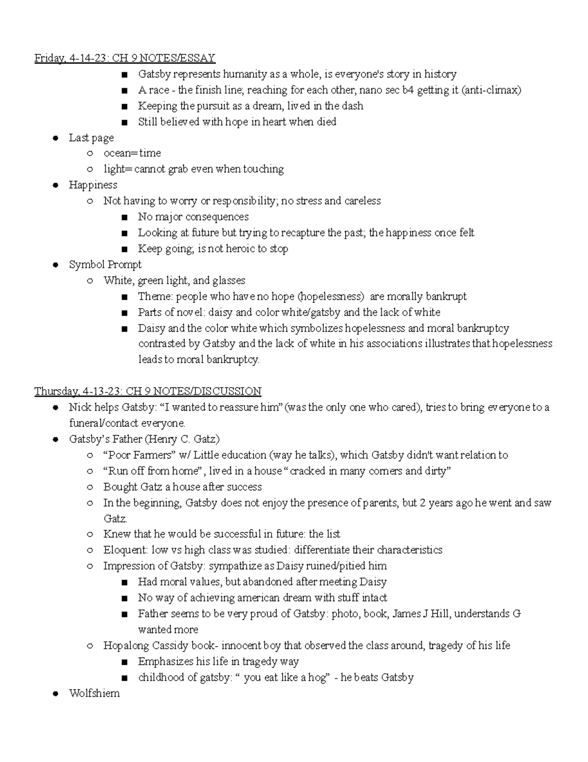 The Great Gatsby by F. Scott Fitzgerald Class/Discussion Notes and ...
