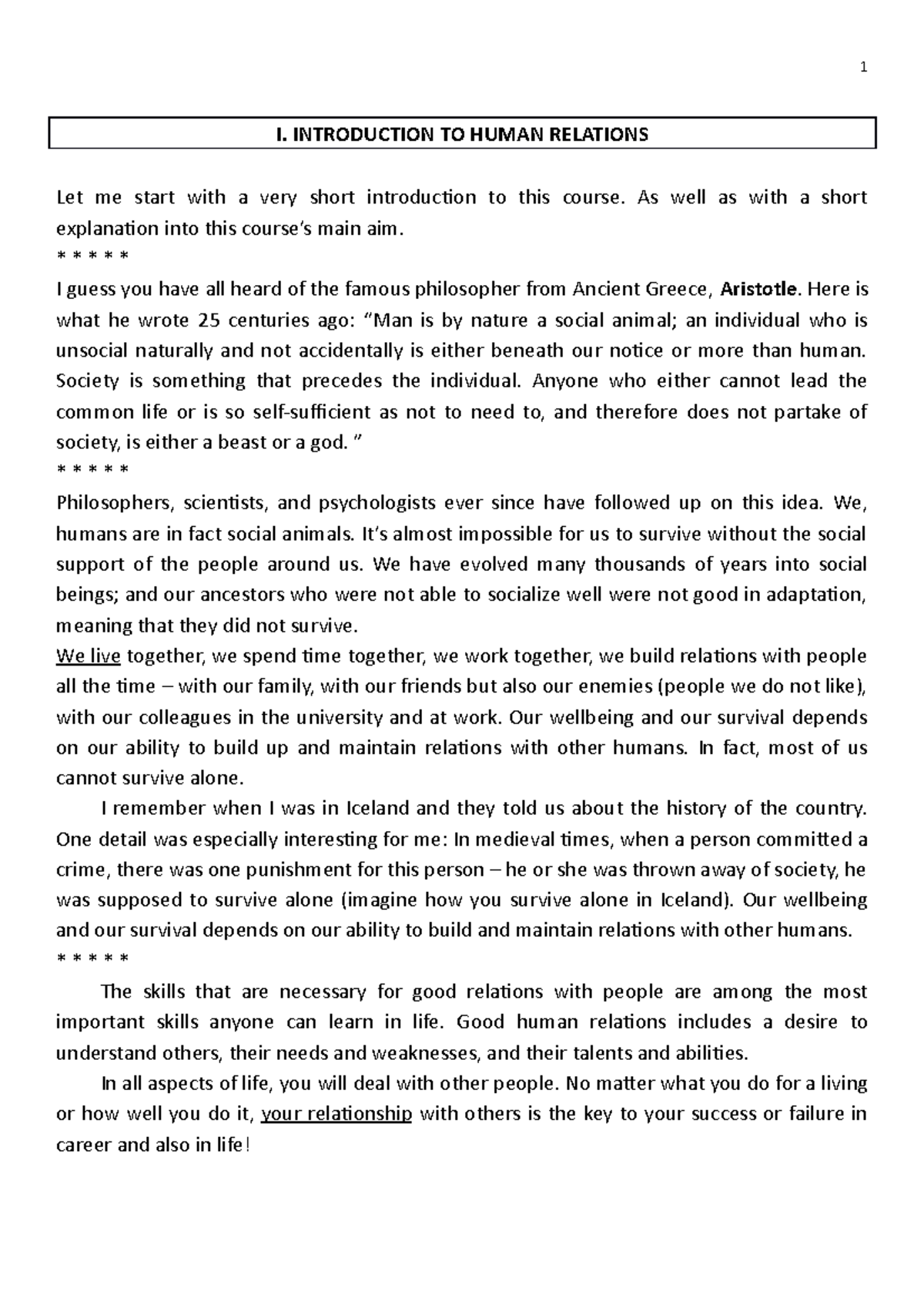 1. Introduction to Human Relations - 1 I. INTRODUCTION TO HUMAN ...