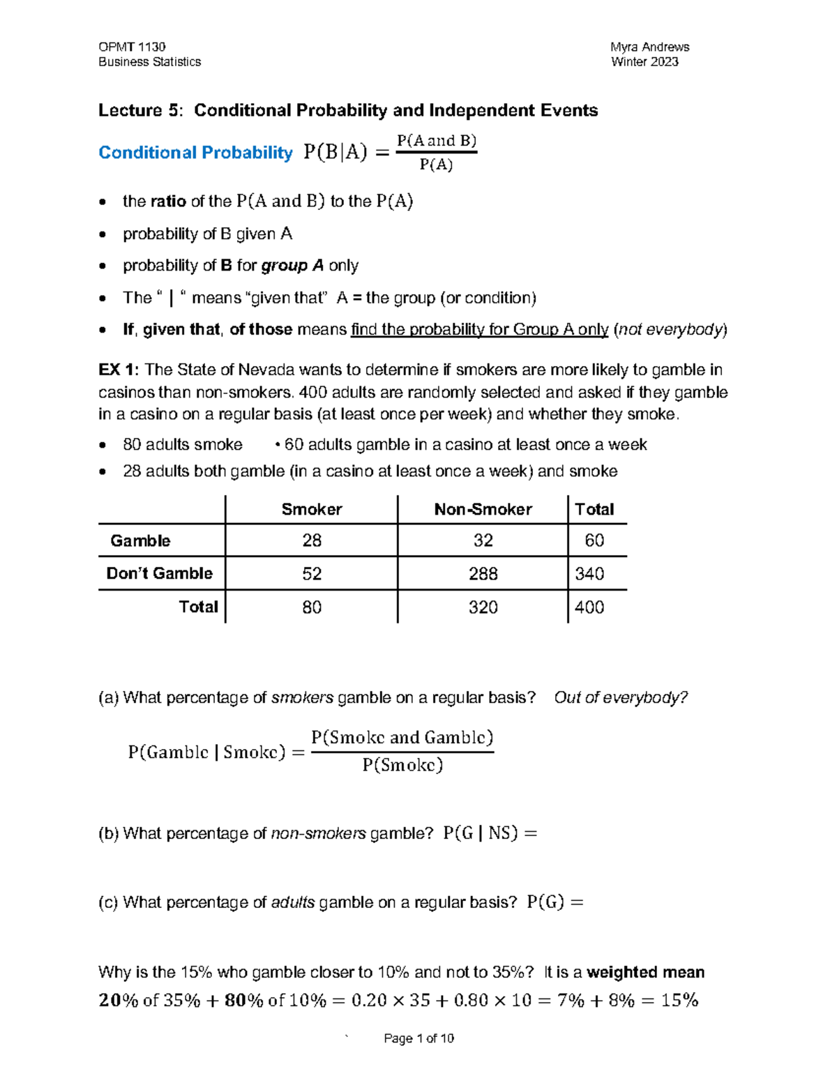 Lecture 5 - Business Statistics Winter 2023 Lecture 5: Conditional Probability and Independent ...