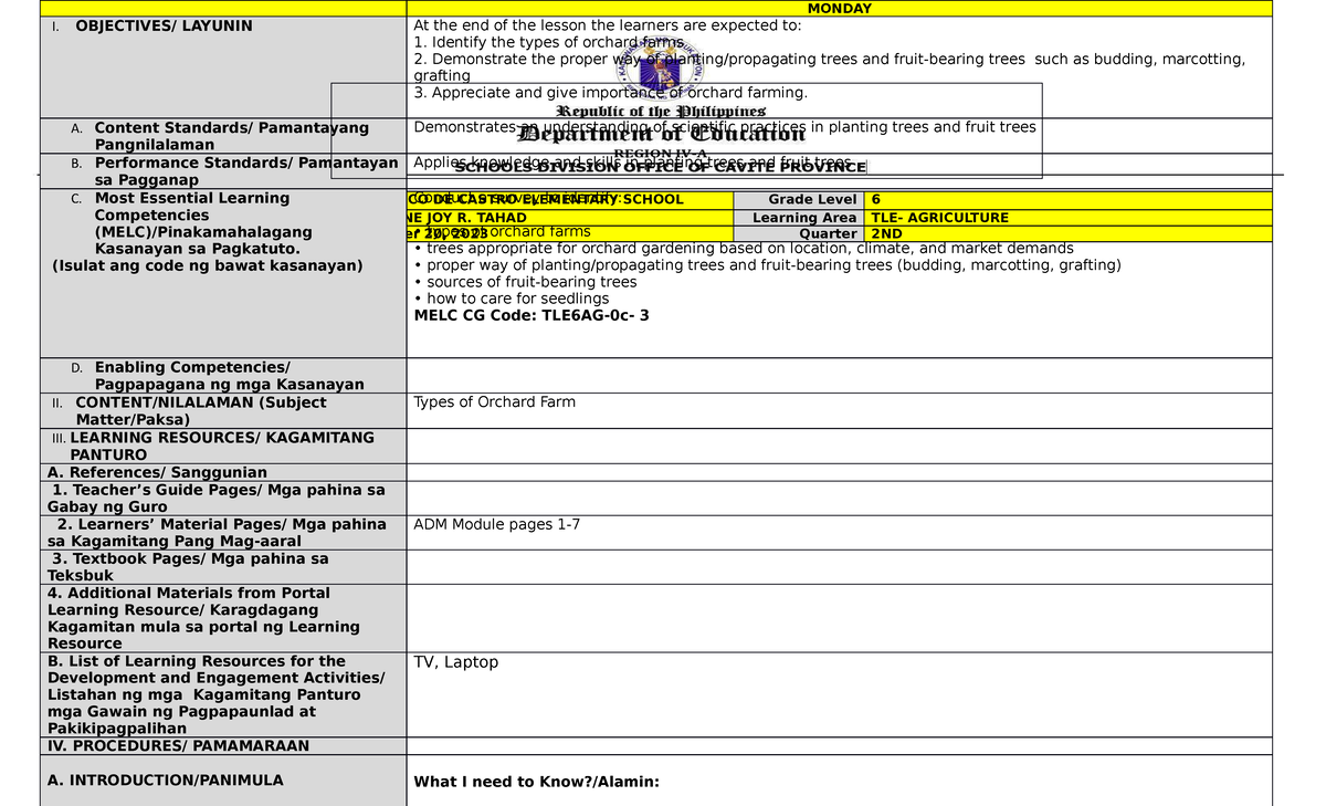 TLE Q4 WEEK3 DAY1 - GRADE 6 DAILY LESSON PLAN Name of School FRANCISCO ... TLE Q4 WEEK3 DAY1 - GRADE 6 DAILY LESSON PLAN Name of School FRANCISCO ...
