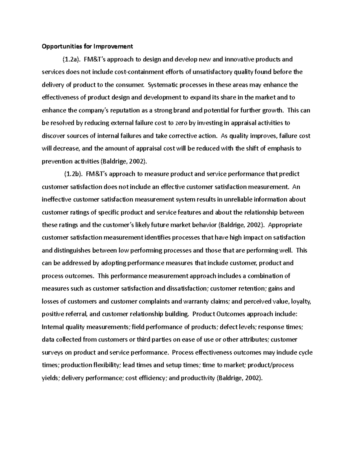 Project 3 - Opportunities for Improvement (1). FM&T’s approach to ...
