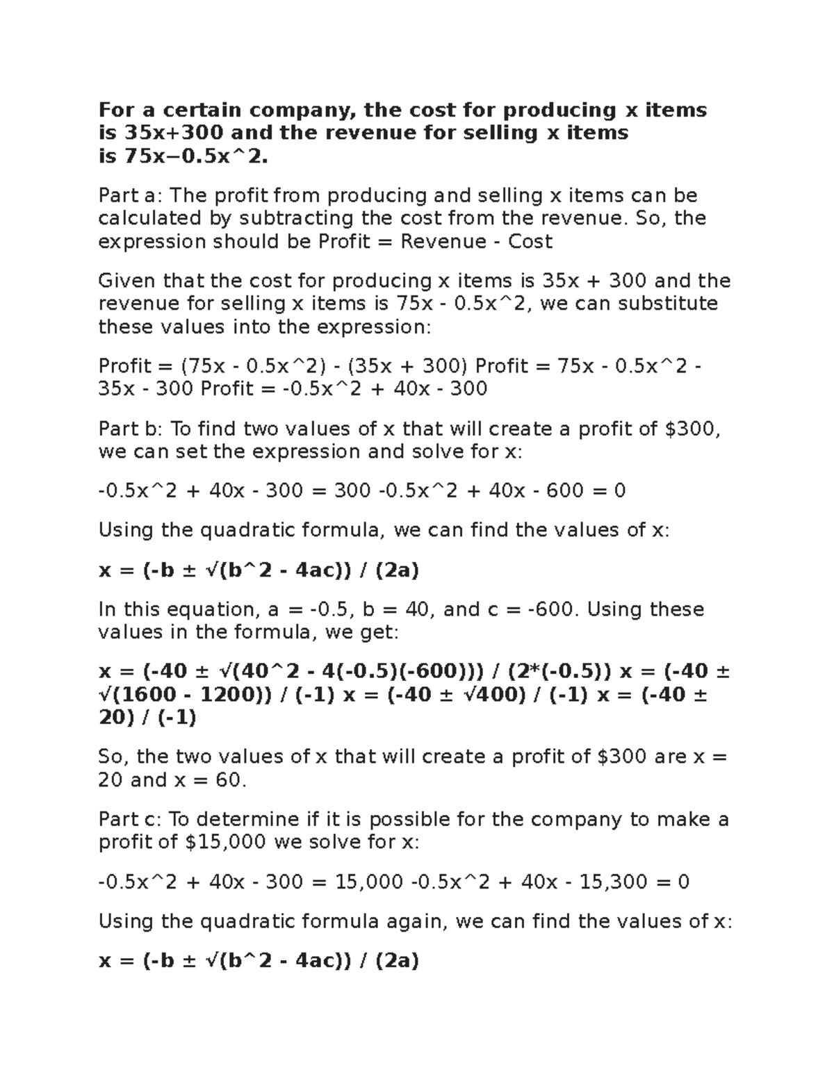 Mat 136 module 3-1 discussion - For a certain company, the cost for ...