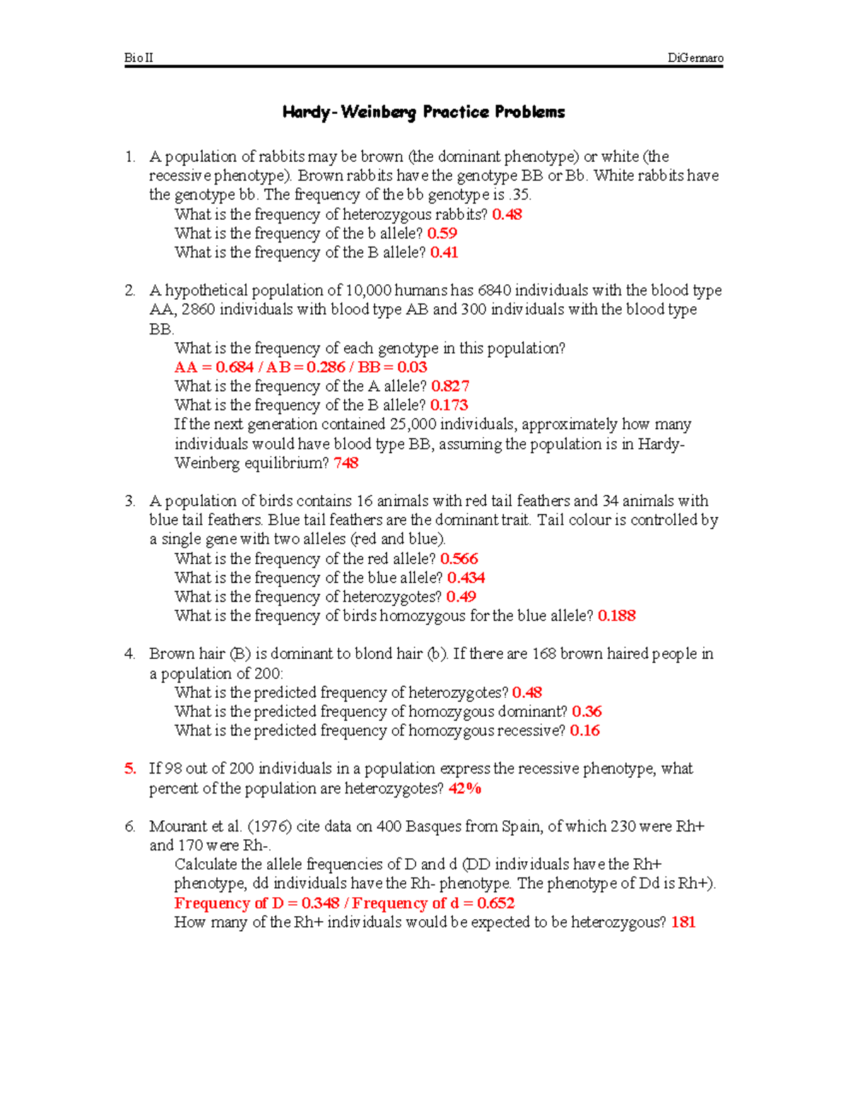 HW practice problems key for Moodle - Bio II DiGennaro Hardy-Weinberg Practice Problems 1. A ...
