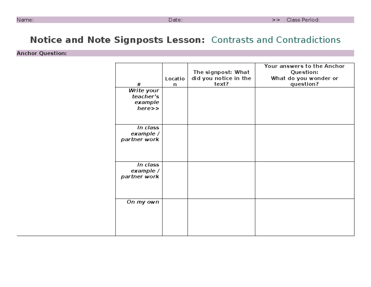 NNS Reading Lesson - ENC 1130 - Name: Date: >> Class Period: Notice and ...