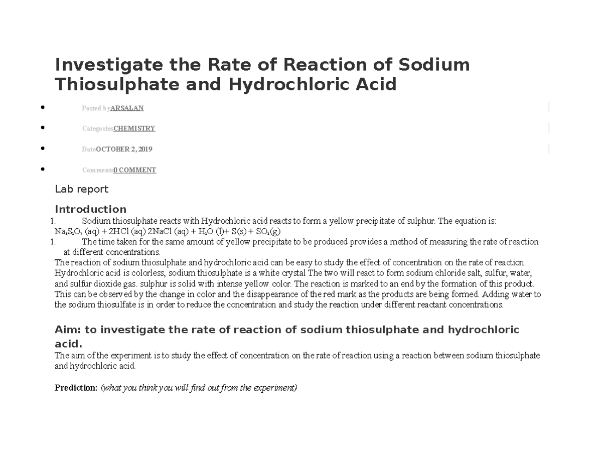 Investigate the Rate of Reaction of Sodium Thiosulphate and ...