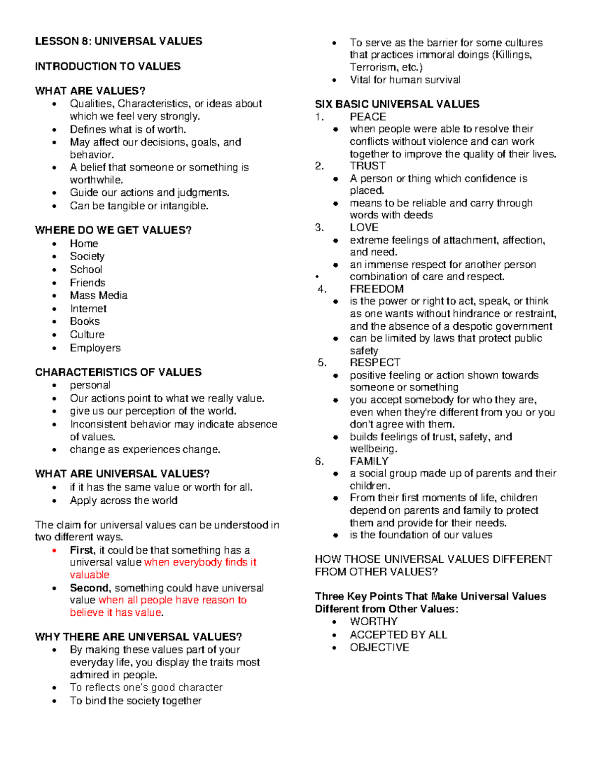 Ethics Reviewer - LESSON 8: UNIVERSAL VALUES INTRODUCTION TO VALUES ...