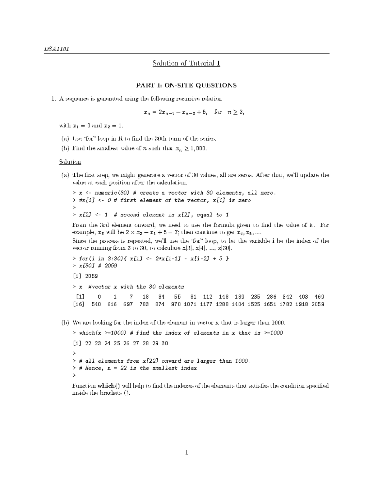 Tutorial 01 soln - Solution of Tutorial 1 PART I: ON-SITE QUESTIONS A ...