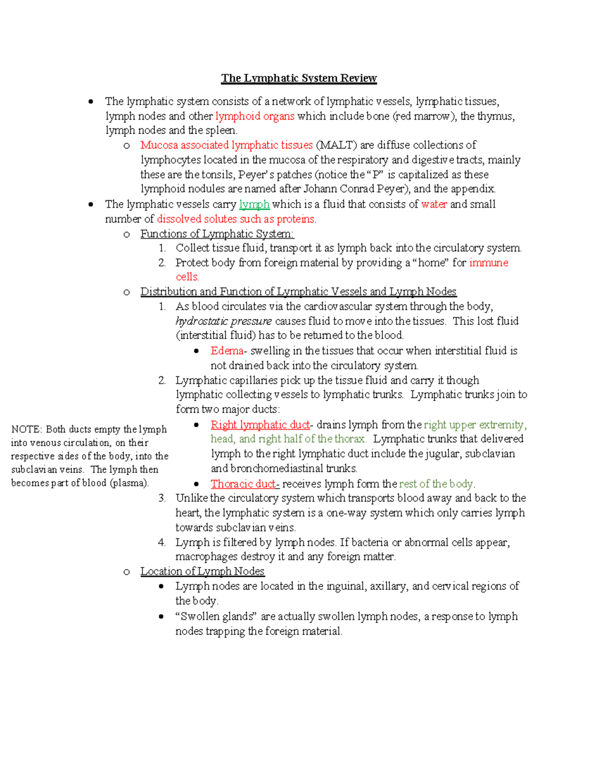 Week 5 The Lymphatic System Review - The Lymphatic System Review The ...
