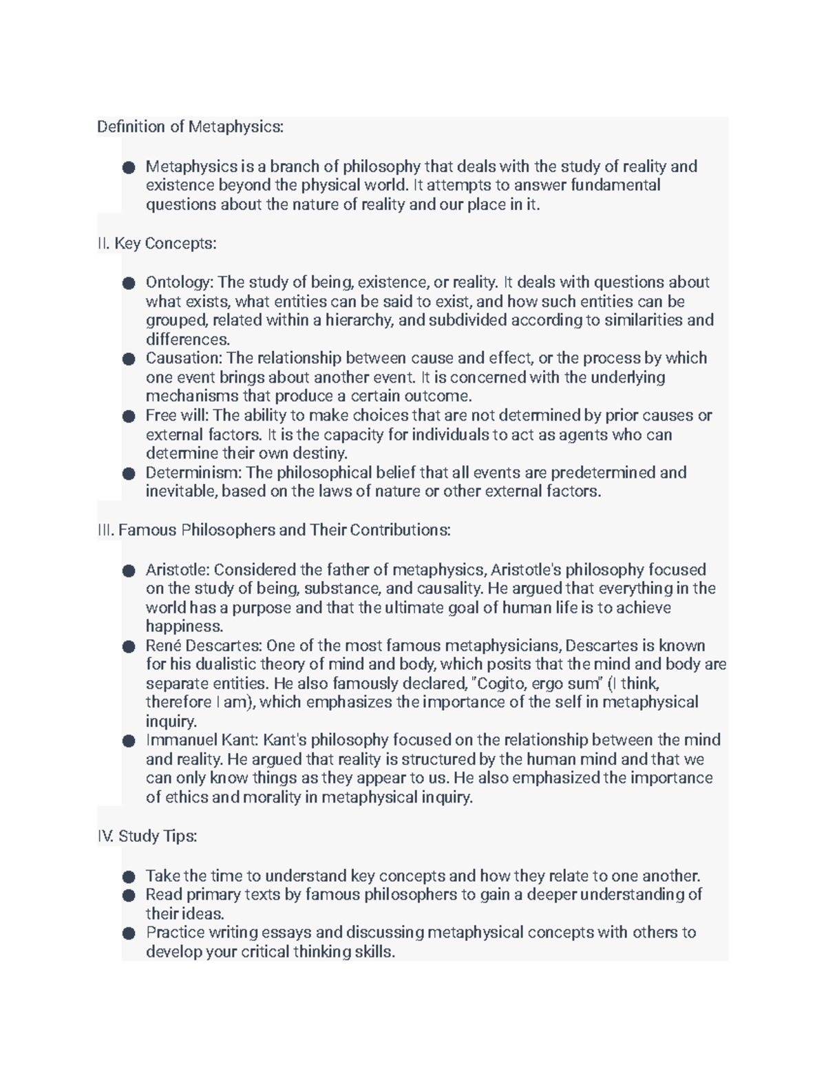 Study guide Metaphysics - Definition of Metaphysics: Metaphysics is a ...