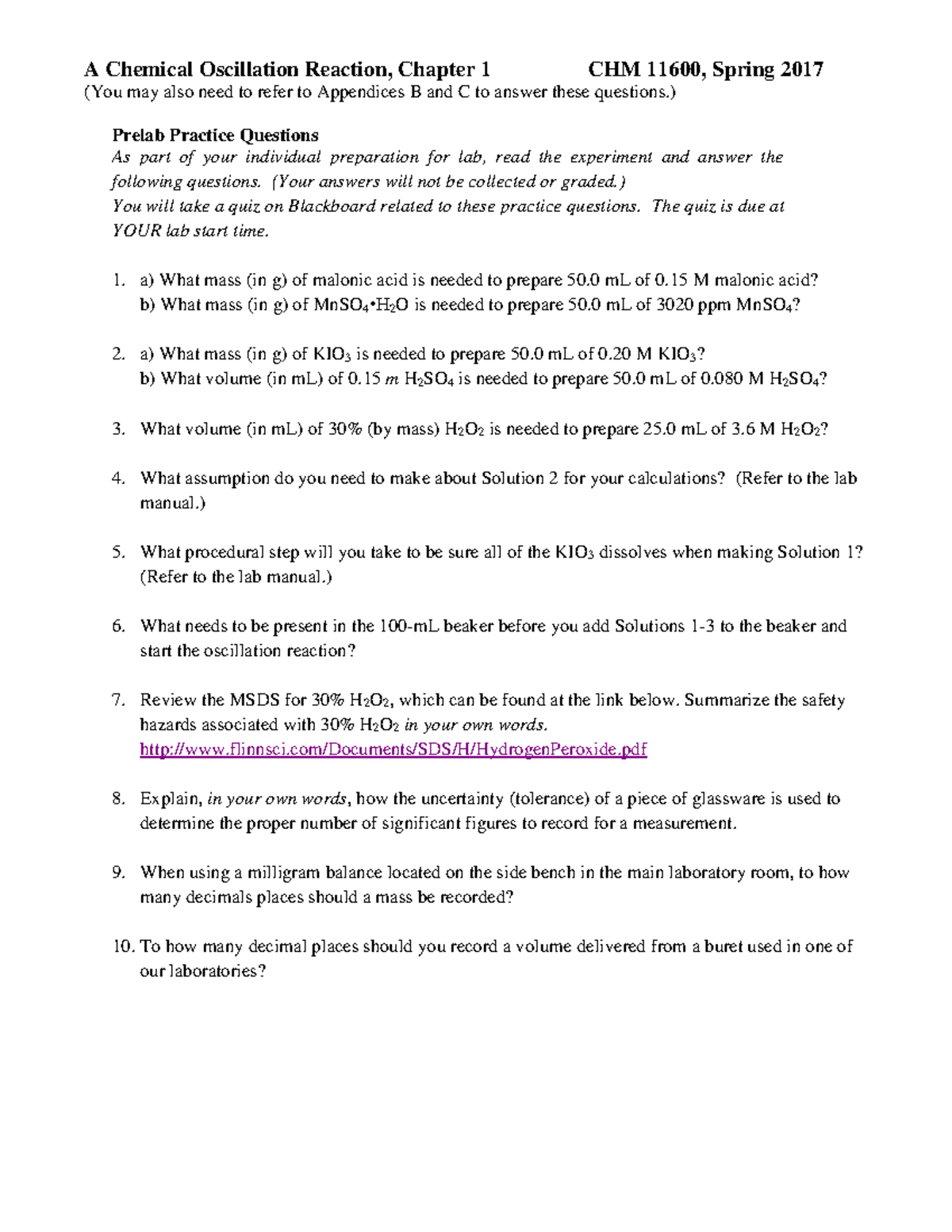 Chm Osc Rxn Prelab Practice Questions Sp2017 - A Chemical Oscillation ...