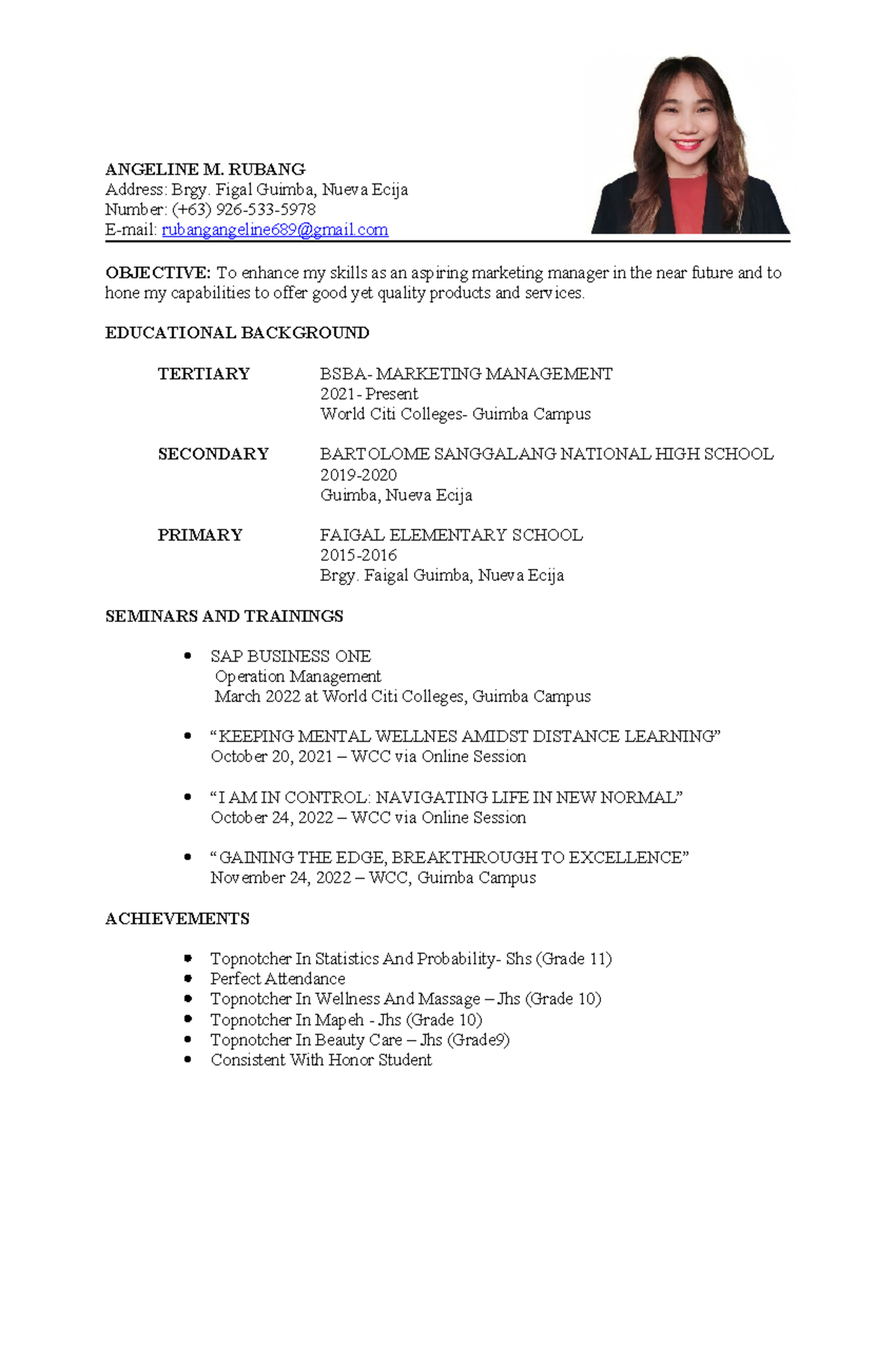 Angeline- Rubang- Resume - ANGELINE M. RUBANG Address: Brgy. Figal ...