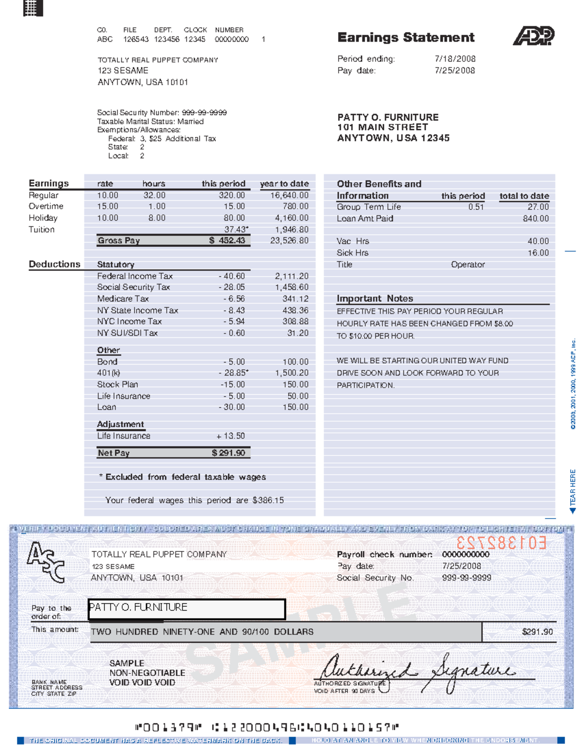 Adp pay stub template - SAMPLE TEAR HERE © 8, 2001, 2000, 1999 A DP ...