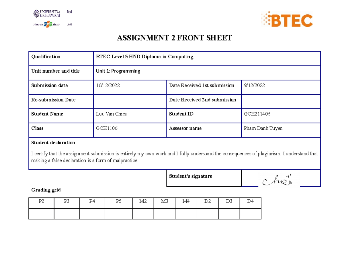 ASM1-C#-Luu Van Chieu - abc - ASSIGNMENT 2 FRONT SHEET Qualification ...