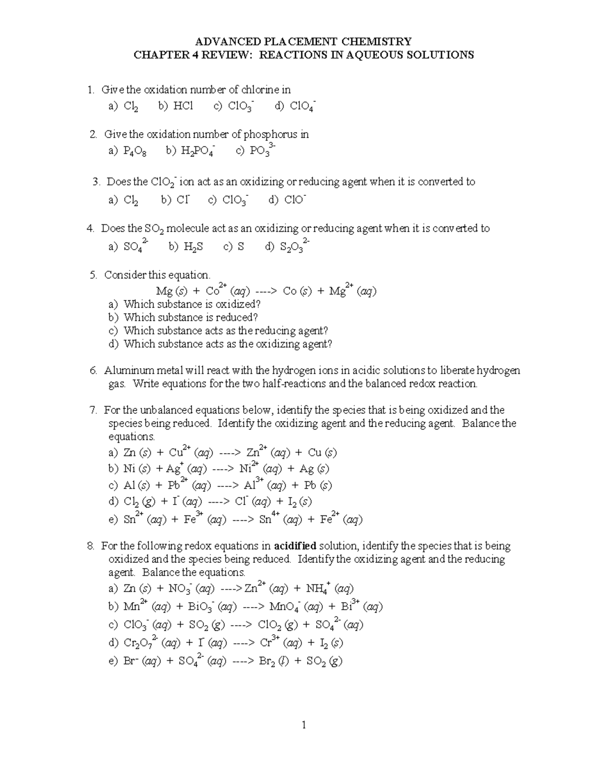 Unit 3 Review ANs - answers - CHAPTER 4 REVIEW: REACTIONS IN AQUEOUS ...