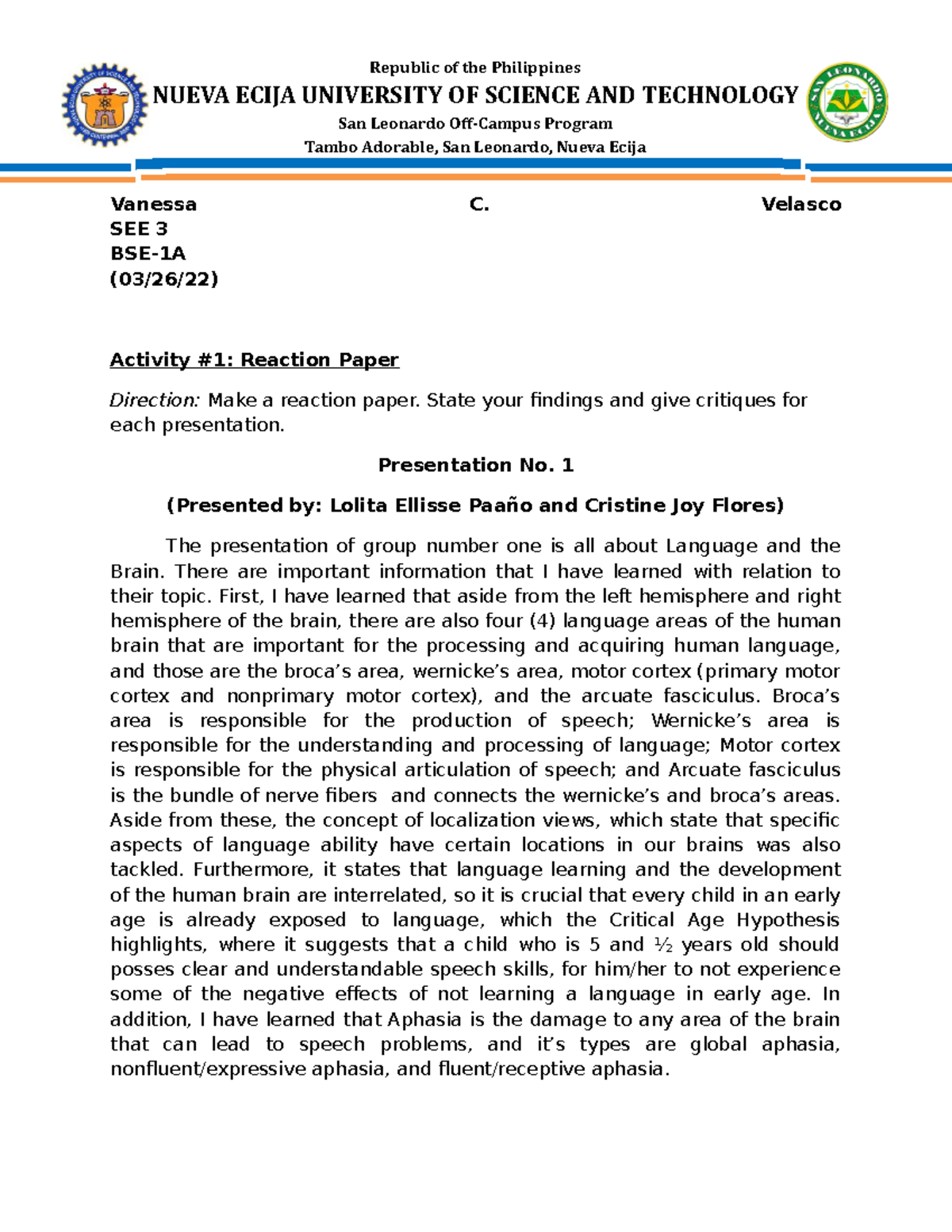 (1) Reaction Paper SEE 3 - NUEVA ECIJA UNIVERSITY OF SCIENCE AND ...
