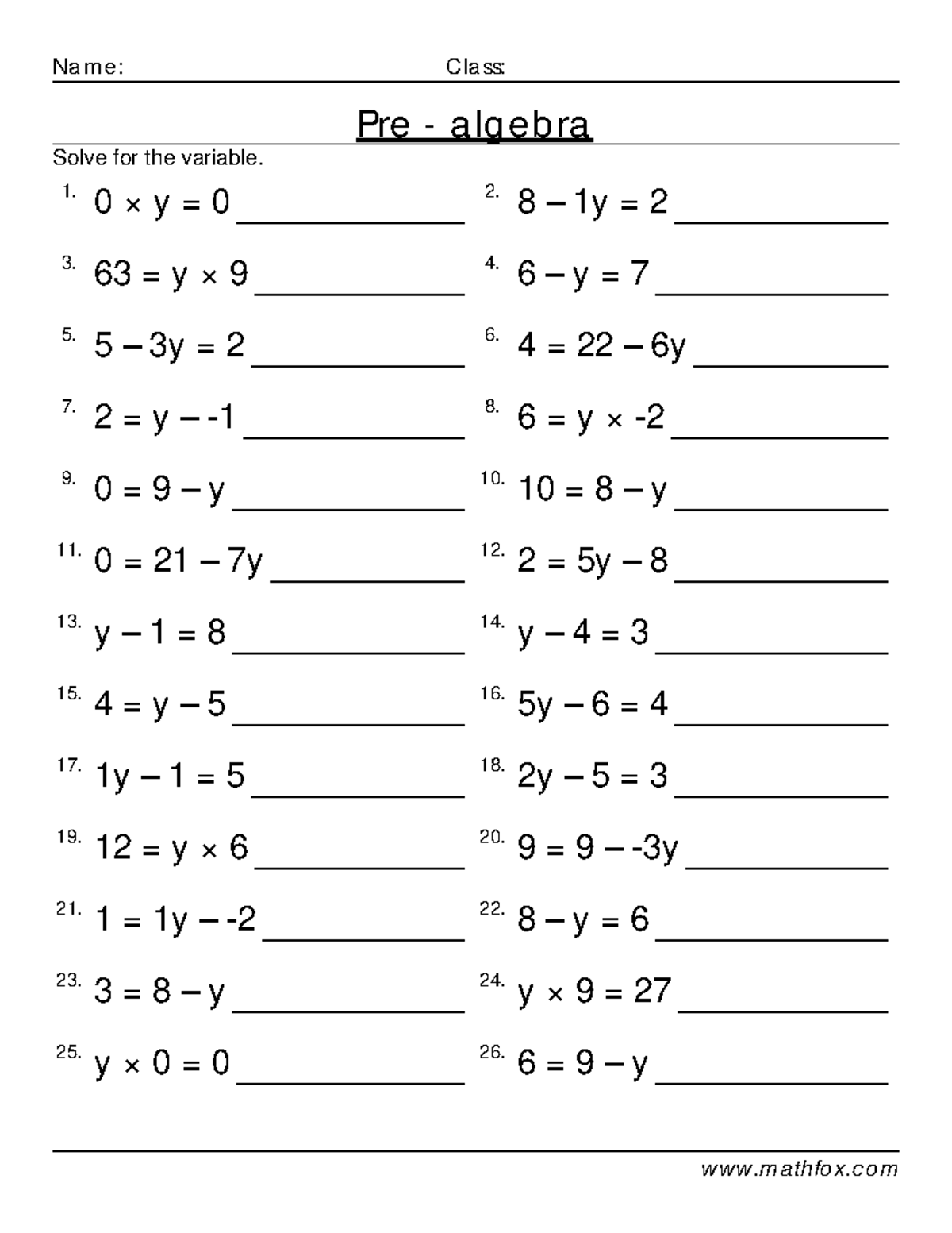 Pre-algebra - qwwe - Na me : C la ss: mathfo x o m Pre - a lg e bra ...