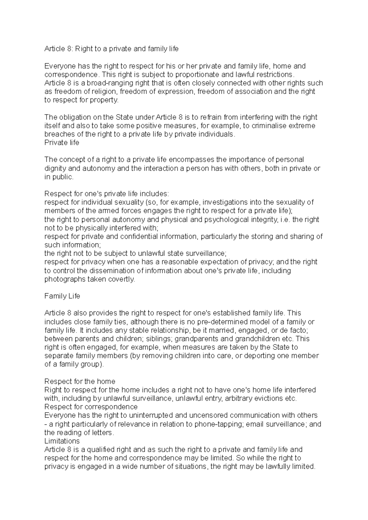 Human Right Act Article 8 - Article 8: Right to a private and family ...