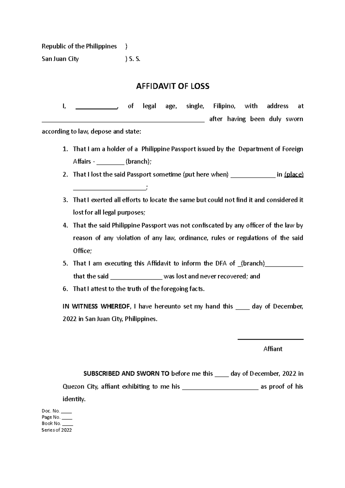 Affidavit of Loss - n/a - Republic of the Philippines ) San Juan City ...