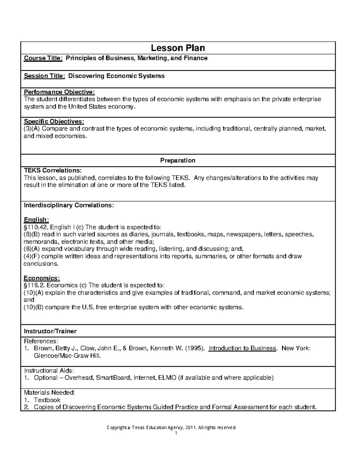 Types of Economies WS - yeah - Lesson Plan Course Title: Principles of ...