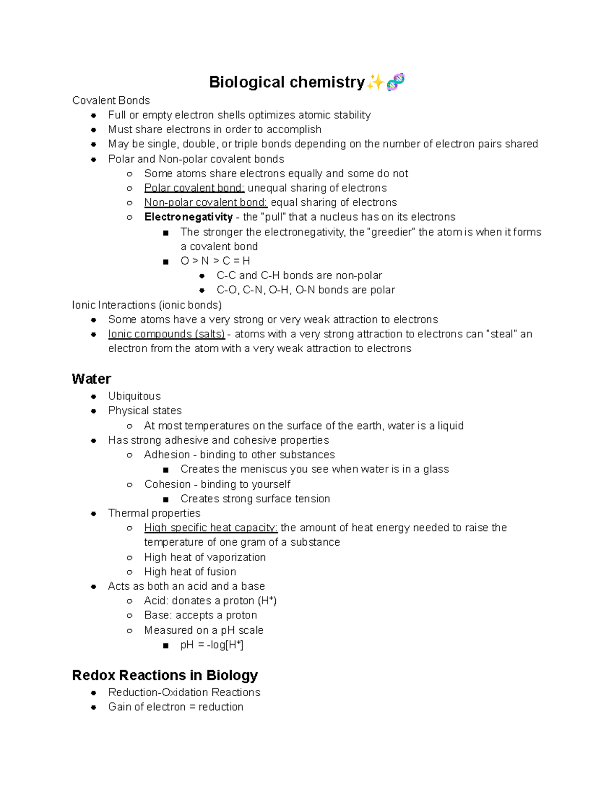 Unit 1 - Chemistry of Life - Biological chemistry Covalent Bonds Full ...