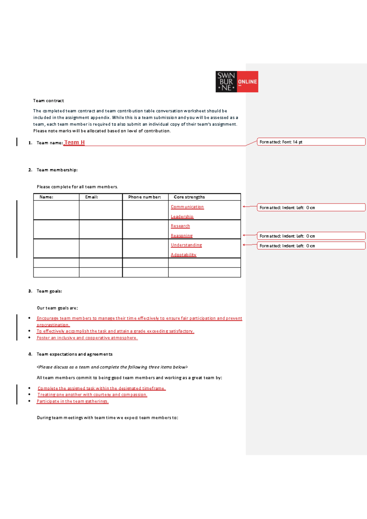 Team contract and team contribution table conversation worksheet Final ...
