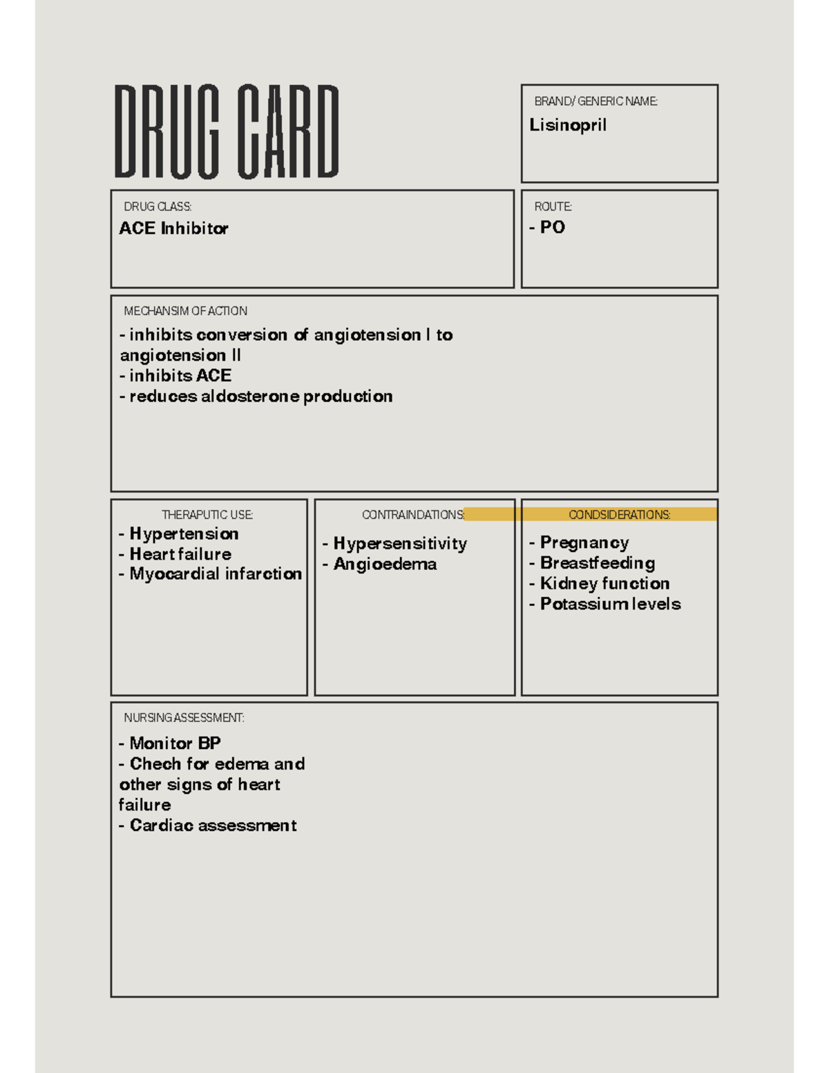 2Drug Card ACE Inhibitors - MECHANSIM OF ACTION DRUG CLASS: ROUTE ...
