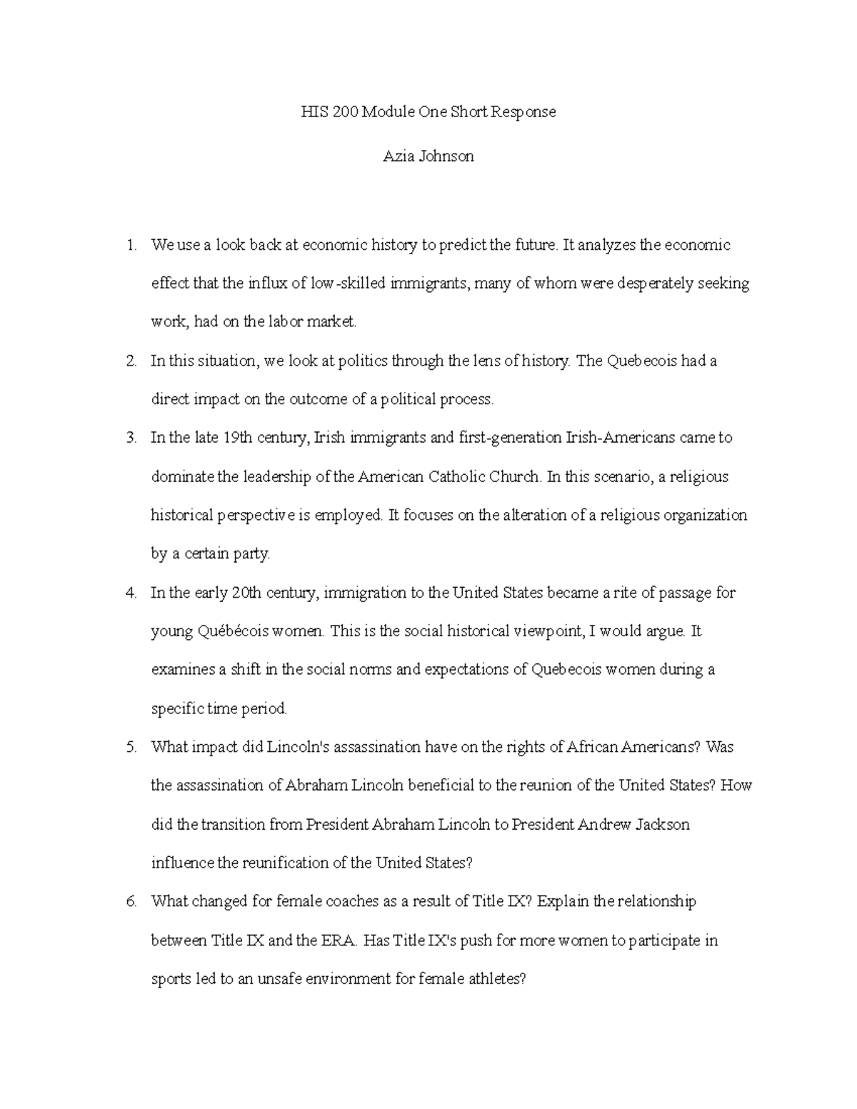 HIS 200 Module One Short Response - HIS 200 Module One Short Response ...