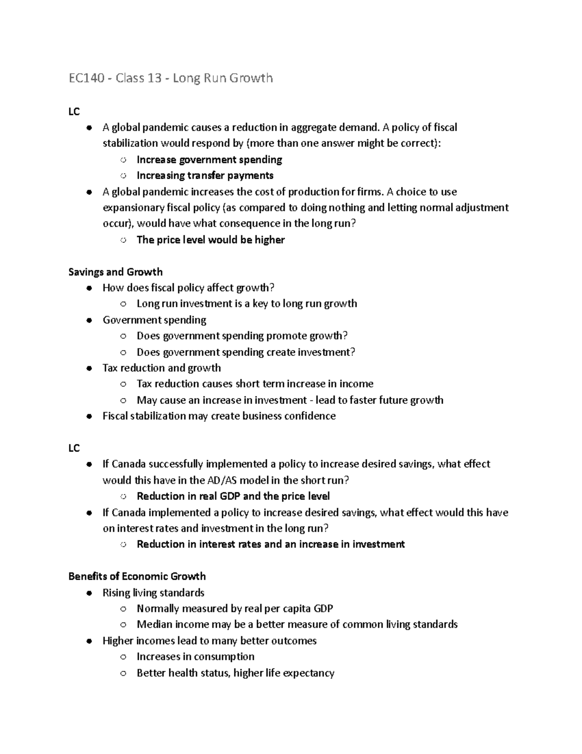 EC140 - Class 13 - Long Run Growth - EC140 - Class 13 - Long Run Growth ...