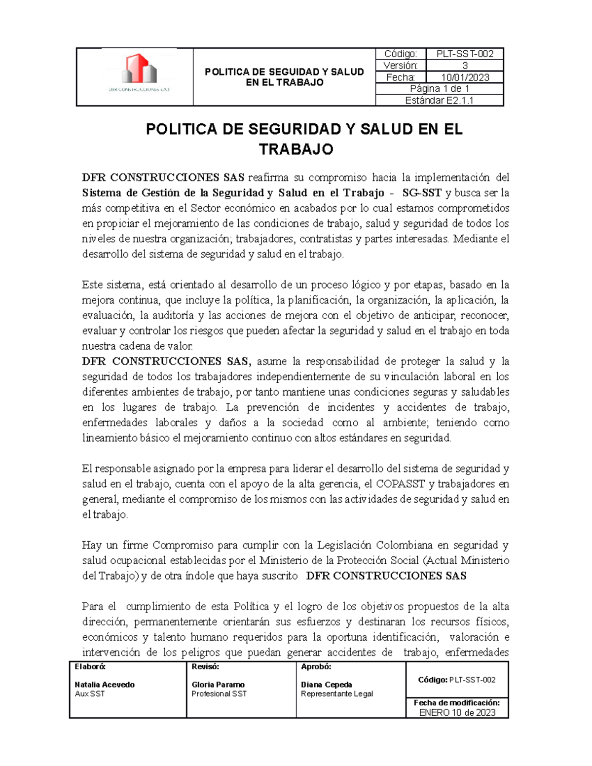 PLT-SST-001 Política de Seguridad y Salud en el Trabajo - POLITICA DE SEGUIDAD Y SALUD EN EL ...