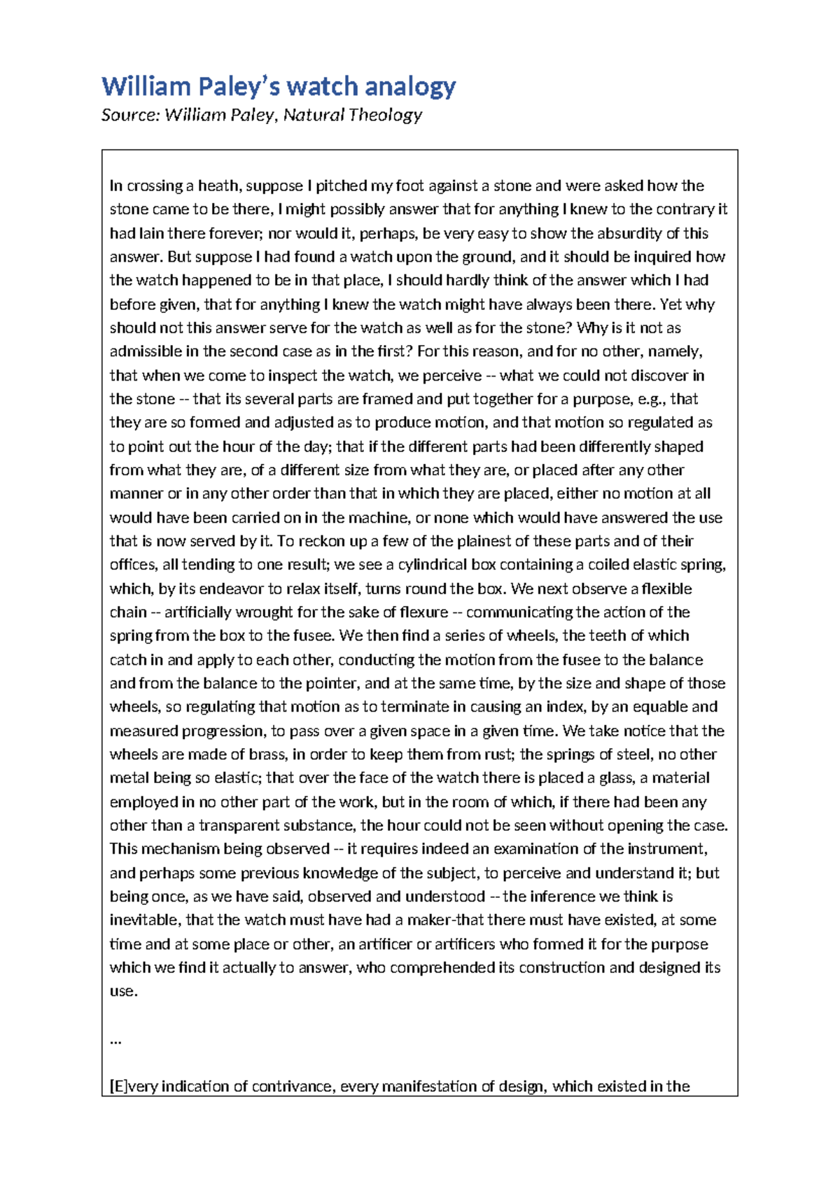 William Paley's watch analogy - William Paley’s watch analogy Source ...