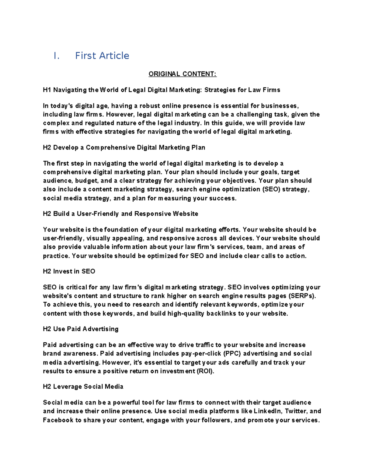 Sample Edited Articles - I. First Article ORIGINAL CONTENT: H1 ...