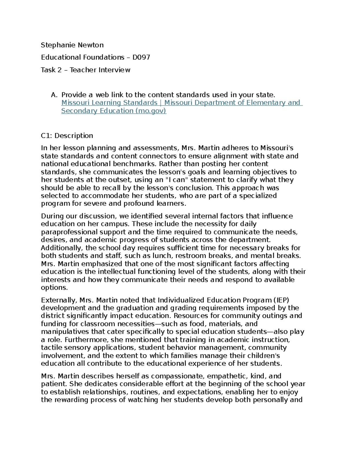 Educational Foundations – D097 task 2 - Stephanie Newton Educational ...