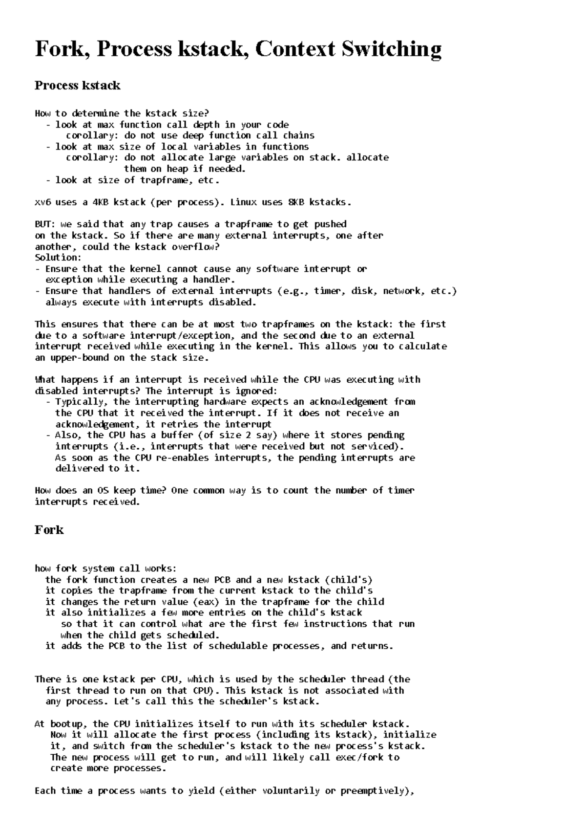 L18 - Operating Systems - Fork, Process kstack, Context Switching Process kstack How to ...
