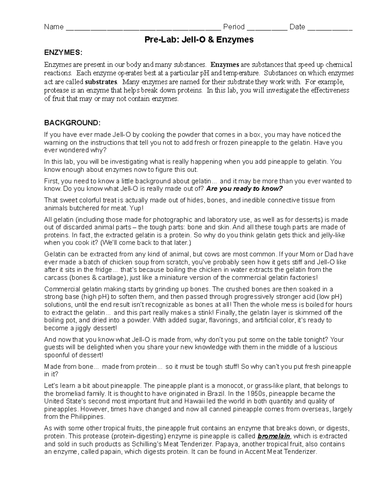 Lab - Jell-O and Enzymes my adapt - Name ...