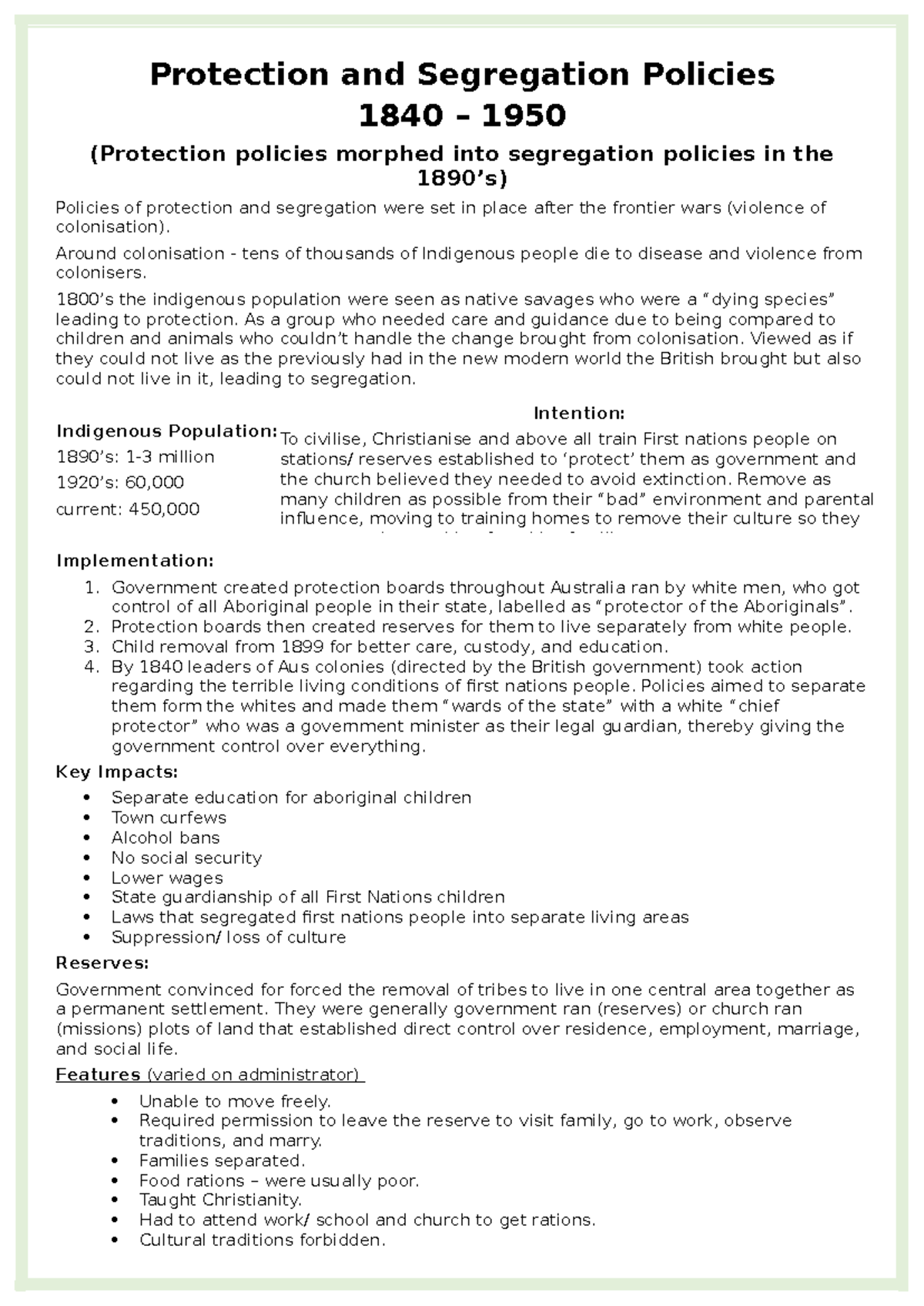 Policy summary sheets - Protection and Segregation Policies 1840 – 1950 ...