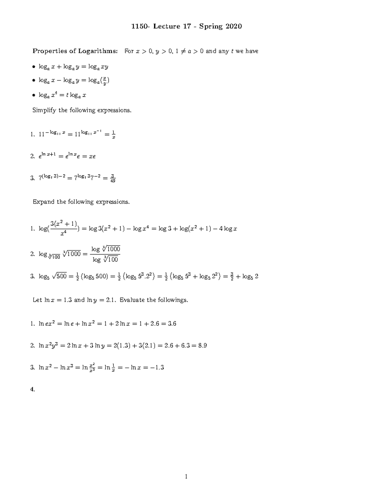Properties of Logarithms - 1150- Lecture 17 - Spring 2020 Properties of ...