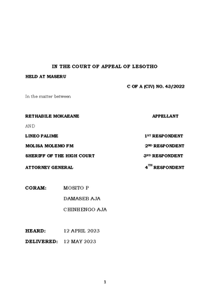 C OF A (CIV) 46 OF 2022 Mamarame Matela VS LCA & ORS - IN THE COURT OF ...