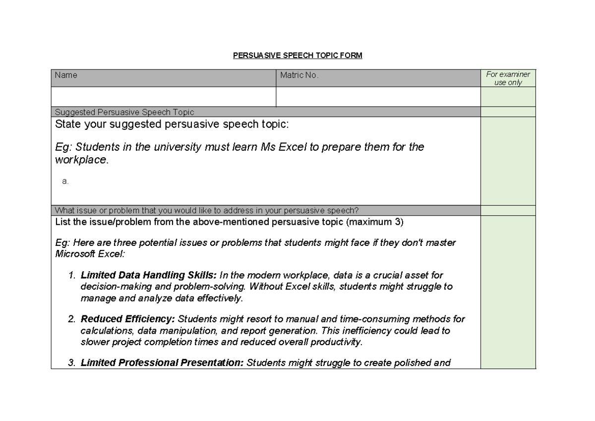 Form A - Persuasive Speech Topic - PERSUASIVE SPEECH TOPIC FORM Name ...