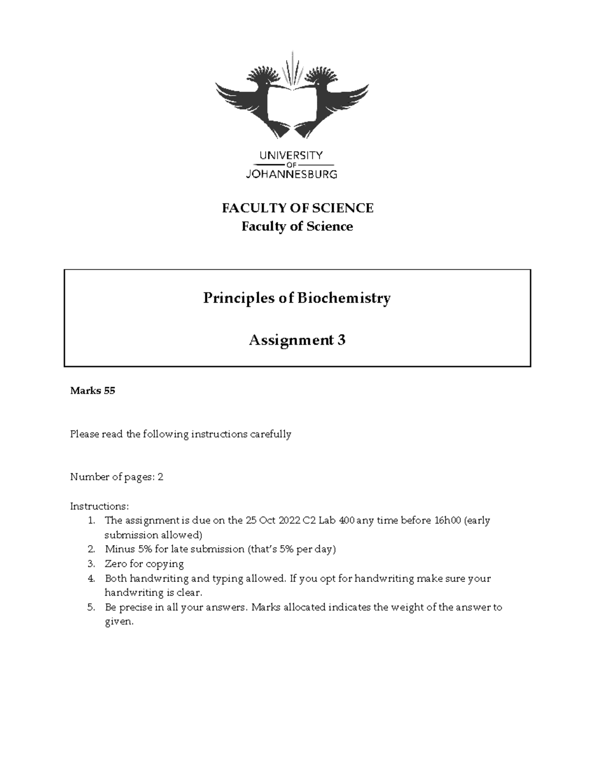 Biochemistry 1B Assignemnt 3 - FACULTY OF SCIENCE Faculty of Science ...