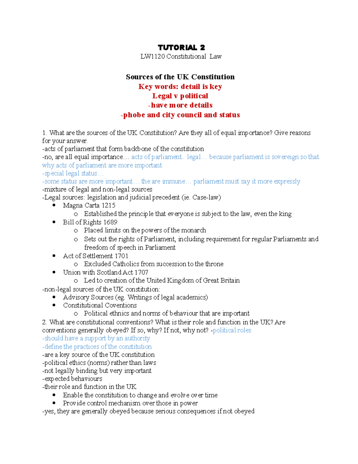 Constitutional - Tutorial 2 - TUTORIAL 2 LW1120 Constitutional Law Sources of the UK ...