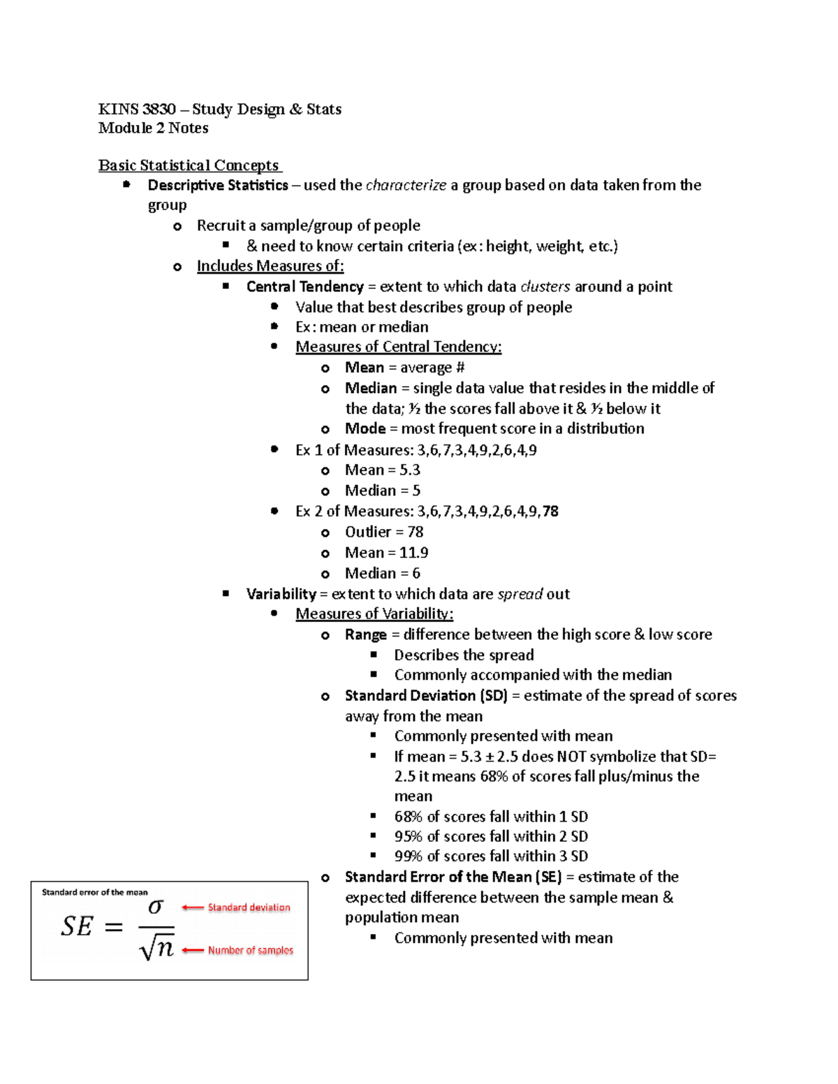 Exam 2 Notes (Basic Stat Concepts, Correlation, Regression) - KINS 3830 ...