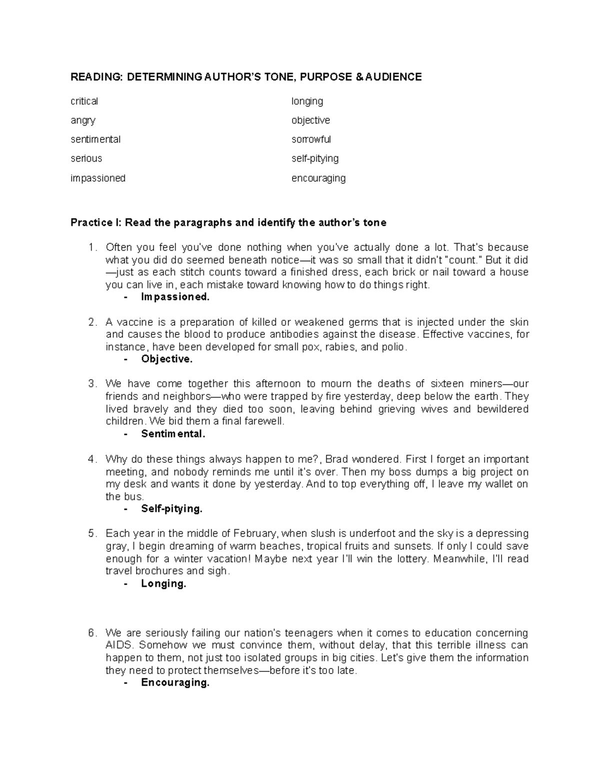 Author's Tone, Purpose & Audience Practice - READING: DETERMINING ...