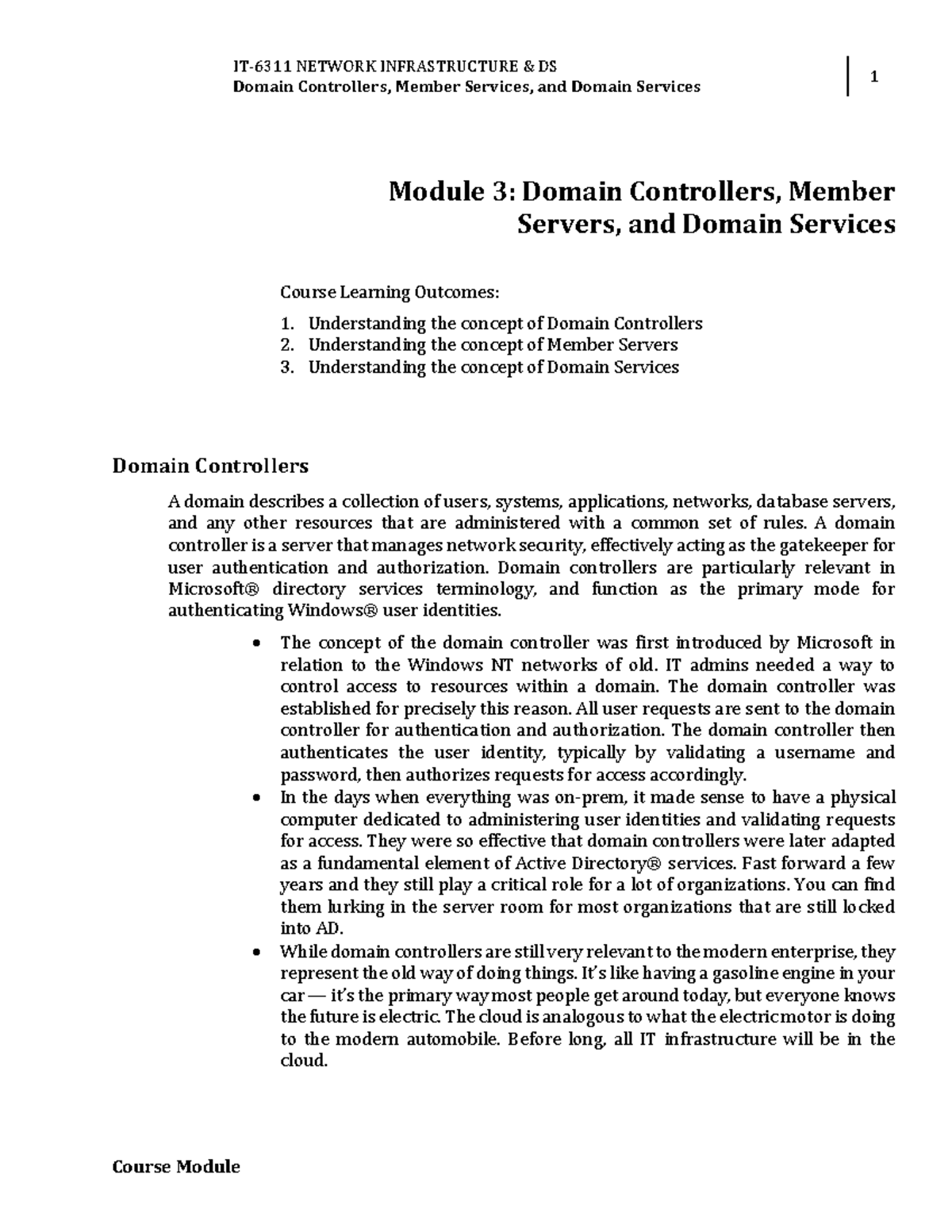 W001 Lesson 3 Domain Controllers, Member Services, an Domain - Module ...