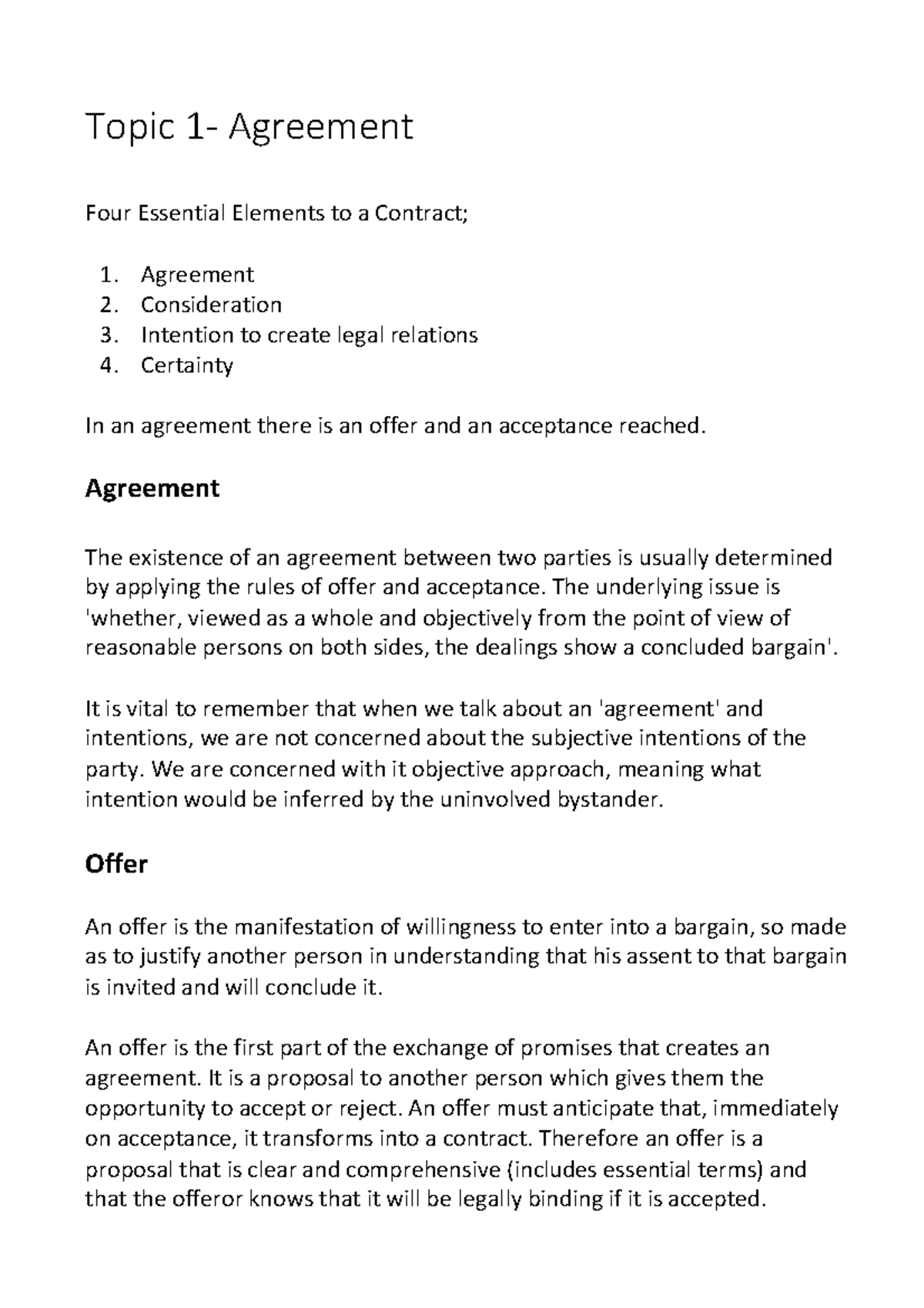 Topic 1- Agreement - Lecture notes 1 - Topic 1- Agreement Four ...
