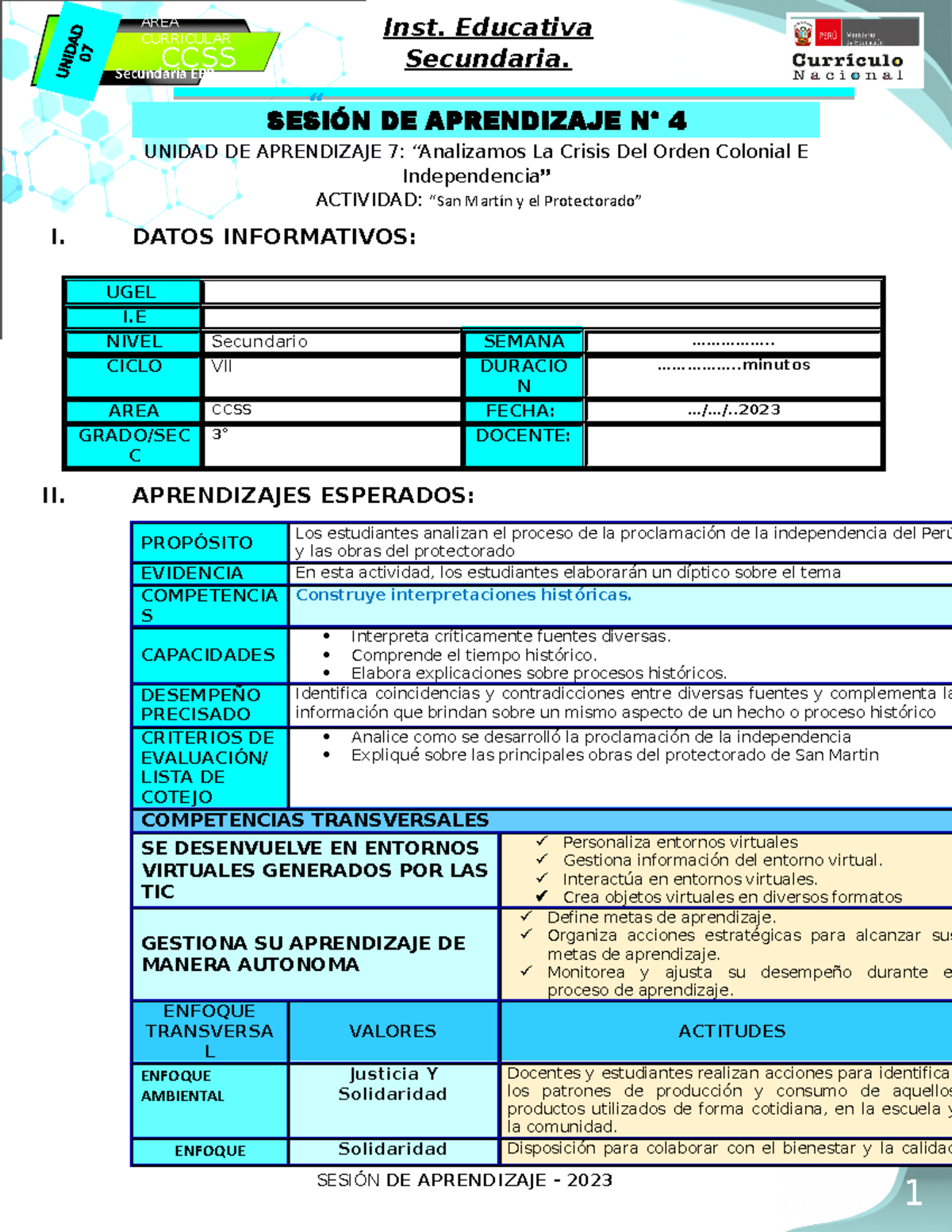 Sesion CCSS 3° SEC- Semana 04 UNI 7 - CCSS Secundaria EBR CURRICULAR SESIÓN DE APRENDIZAJE N° 4 ...