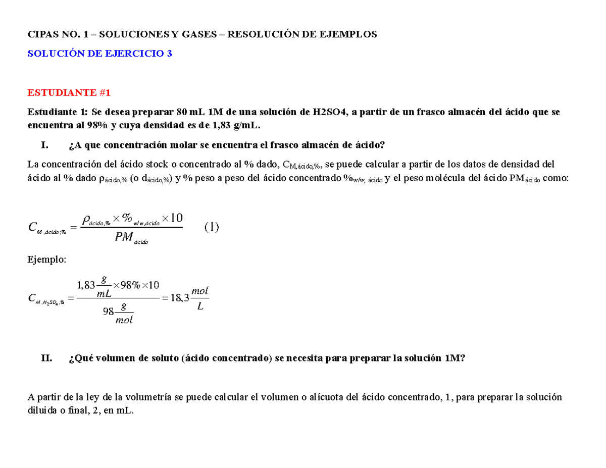 Formulario y ejemplos ejercicios Tarea 3 Soluciones y gases - CIPAS NO. 1 – SOLUCIONES Y GASES ...