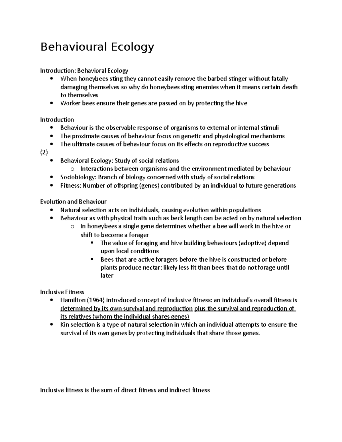 Behavioural Ecology - Prof Raj. Fall 2021/2022. Use for studying for ...