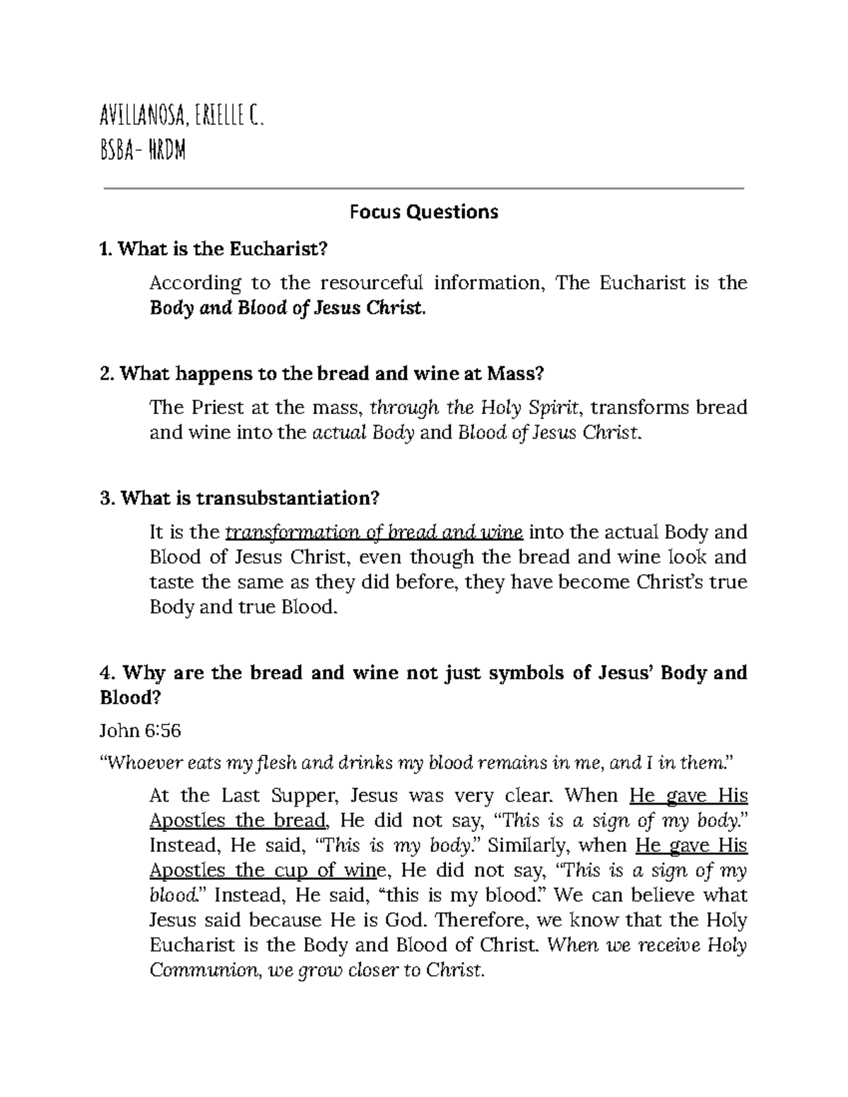 Erielle Avillanosa - Acitivity 9.1 Focus Questions (Eucharist ...