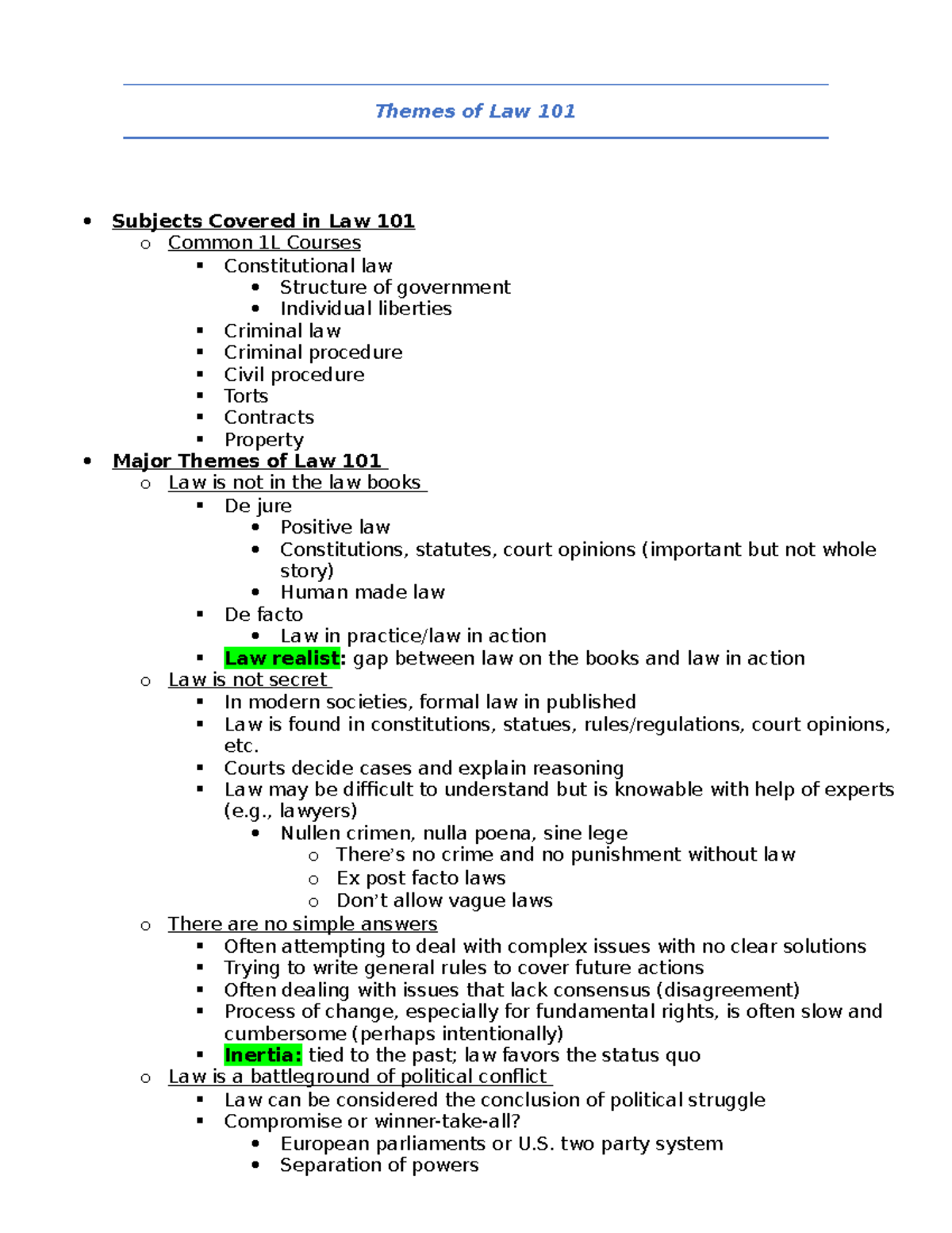 Exam 1 Notes CRIM 113 - Themes of Law 101 Subjects Covered in Law 101 o ...