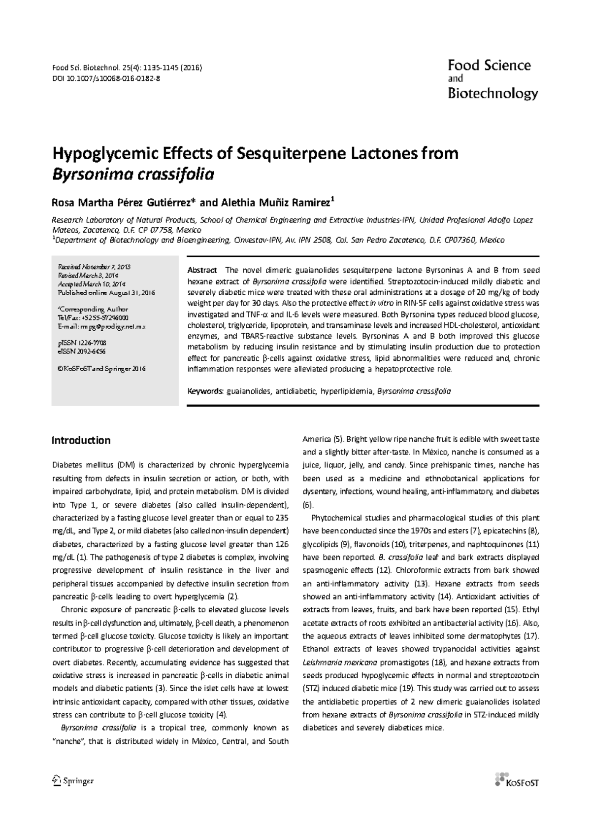 2016 . Pérez Gutiérrez. Hypoglycemic Effectos Sesquiterpene Lacones ...